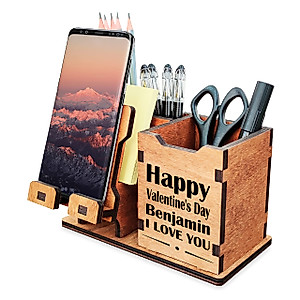 Personalized Wooden Pen Holder for Desk with Cell Phone Holder Wood Desk Organizer Pencil Holder Coworker Gifts Boss Leader Colleague Friends Office Organization Employee Appreciation Gifts