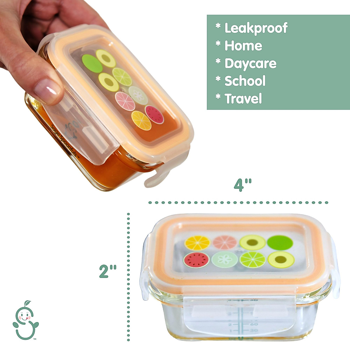 Sage Spoonfuls Glass Baby Food Containers with Lids - 6 Pack, 4 oz Baby Food Jars, Durable & Leakproof, Freezer Storage, Reusable Small Glass Baby Food Containers, Microwave & Dishwasher Friendly
