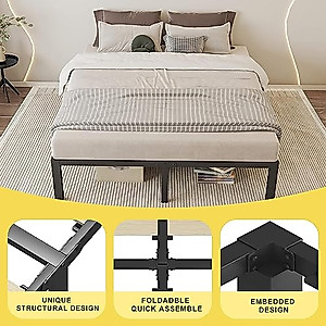 ROIL 14 inch Queen Size Bed Frame with Wood Slats - 3500lbs Heavy Duty No Box Spring Needed Platform, Mattress Stoppers Double Metal Noise Free Bedframe with Headboard Hole Underneath Storage
