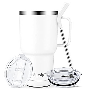 Sursip 30oz Insulated Mug/Tumbler With Lid and Straw,Stainless Steel Vacuum Tumbler,Keep Cold and Hot,BPA Free,Leak Proof,Dishwasher Safe,Car Holder,Gifts/Travel Mug/Coffee Tumbler(Whtie-1Pack)