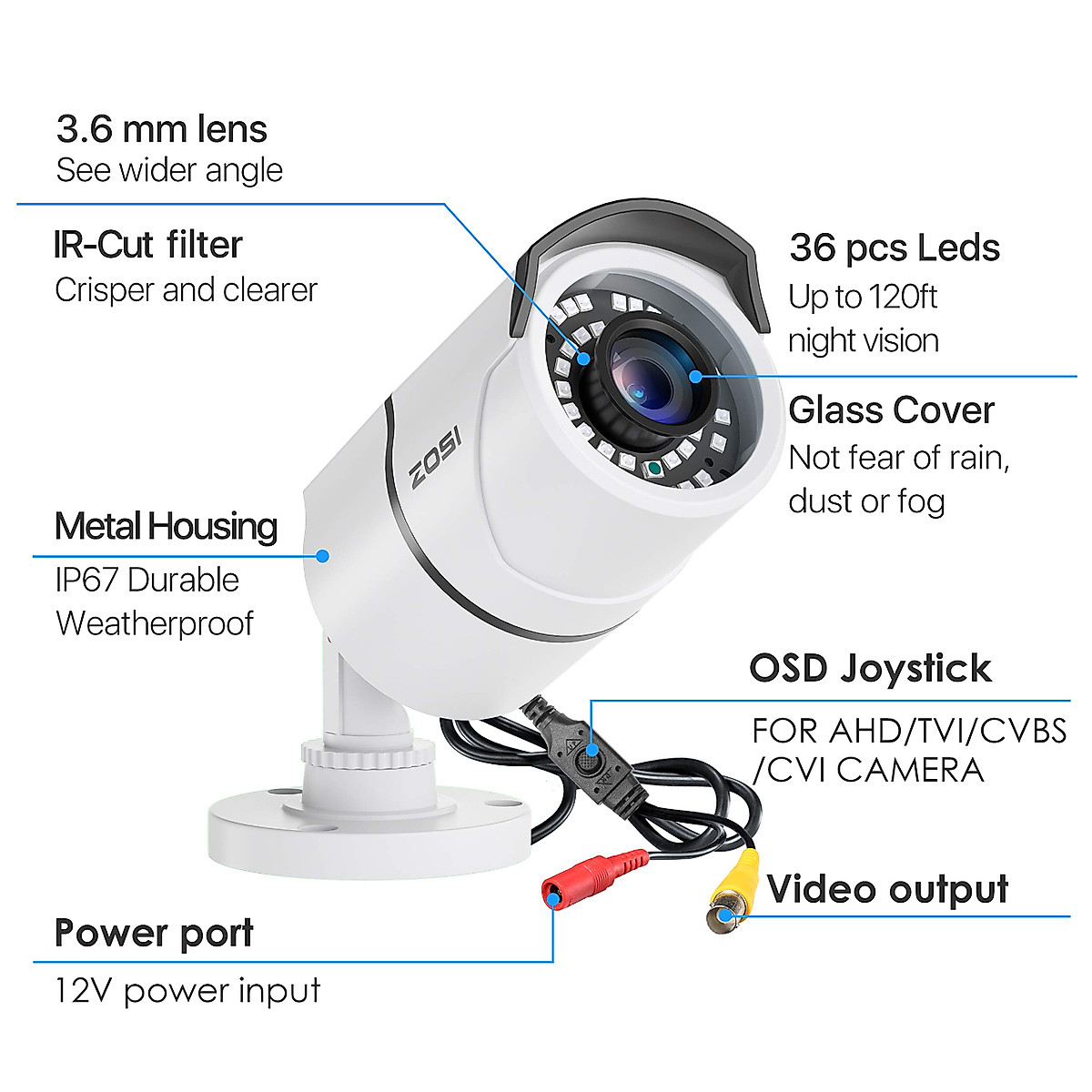 ZOSI 1080p Security Camera Outdoor Indoor (Hybrid 4-in-1 HD-CVI/TVI/AHD/960H Analog CVBS),36PCS LEDs,120ft IR Night Vision,105° View Angle Surveillance CCTV Bullet Camera with Extension Cable