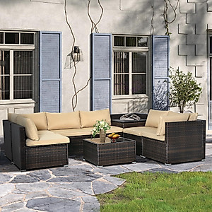 PORWEY Patio Outdoor Furniture Set 8 Pieces Rattan Wicker Sectional Sofa Couch Conversation Set with Storage Box and Table for Deck Lawn, Brown Wicker/Brown Cushion