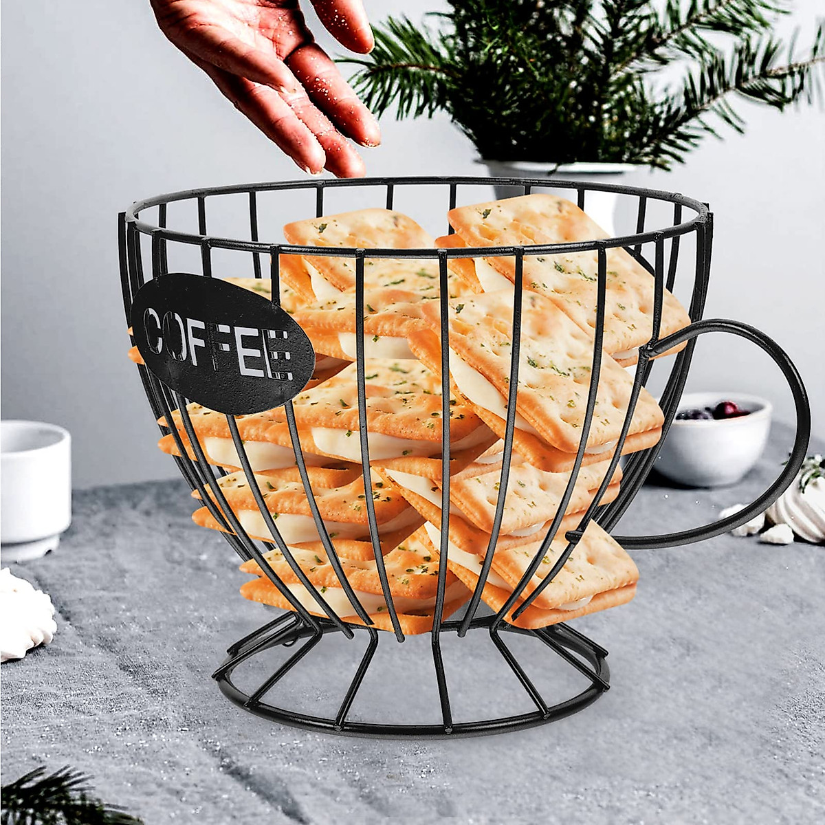 Ipetboom Modern Fruit Stand Coffee Pod Holder Basket: Cup Shaped Espresso Capsule Organizer Coffee Creamer Storage Wire Fruit Basket for Coffee Table Bar Kitchen Cafe Countertop Black