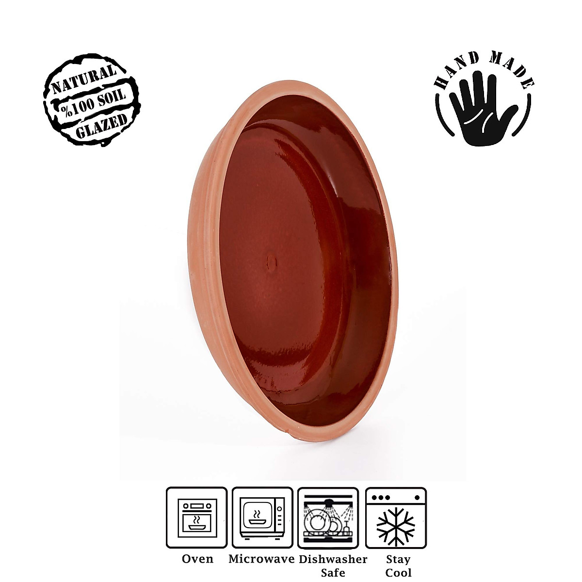 Handmade Clay Pan for Cooking, Glazed Terracotta Pot, Earthenware Cookware, Mexican Cazuela for Oven Cooking, Round, 11.8 in
