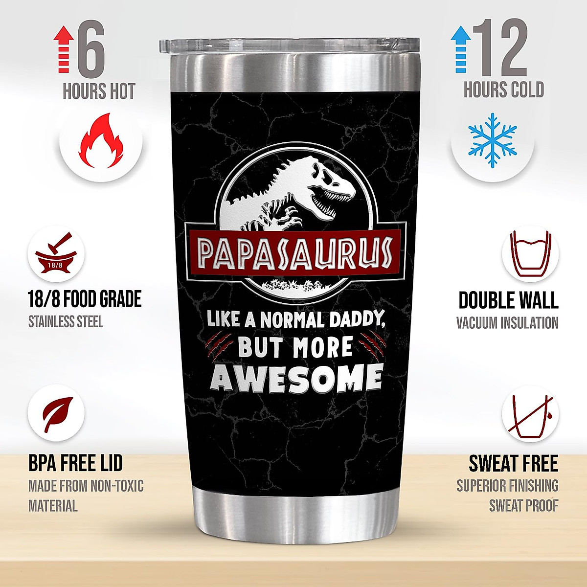 OASSIE Father's Day Gifts For Dad from Daughter Son - Saurus Papa 20 oz Stainless Steel Insulated Coffee Tumbler with Lid - Fathers Day Christmas Birthday Gifts For Dad Father Papa, Cool Stuff for Men