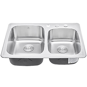 CozyBlock 33 x 22 x 9 Inch 60/40 Offset Top-mount/Drop-in Stainless Steel Double Bowl Kitchen Sink with Strainer and Protective Bottom Grid - 18 Gauge Stainless Steel-3 Faucet Hole
