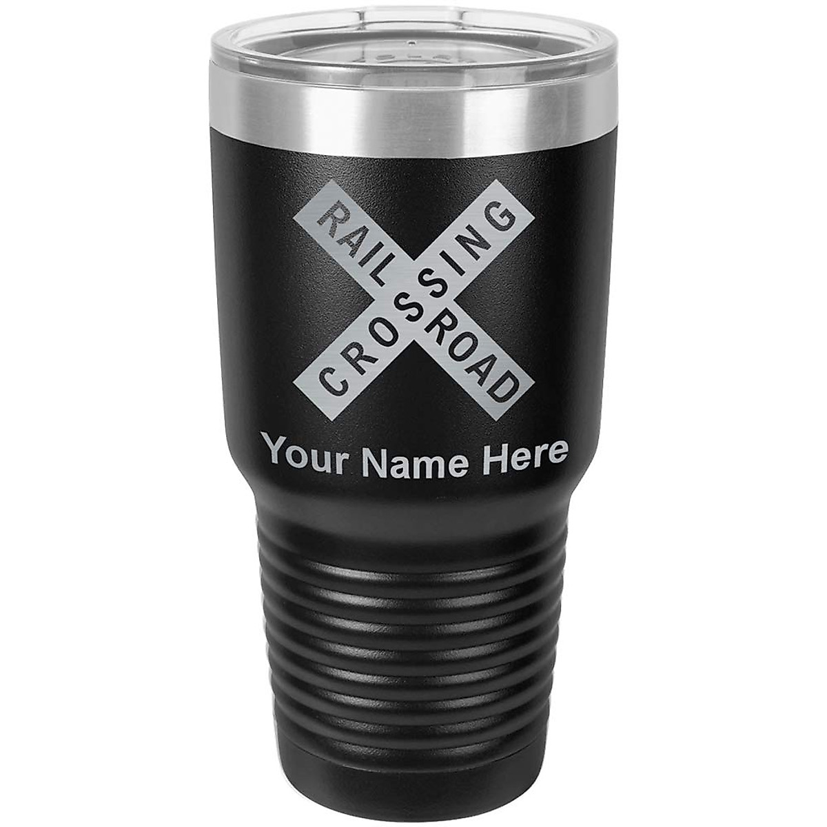 LaserGram 30oz Vacuum Insulated Tumbler Mug, Railroad Crossing Sign 1, Personalized Engraving Included (Black)