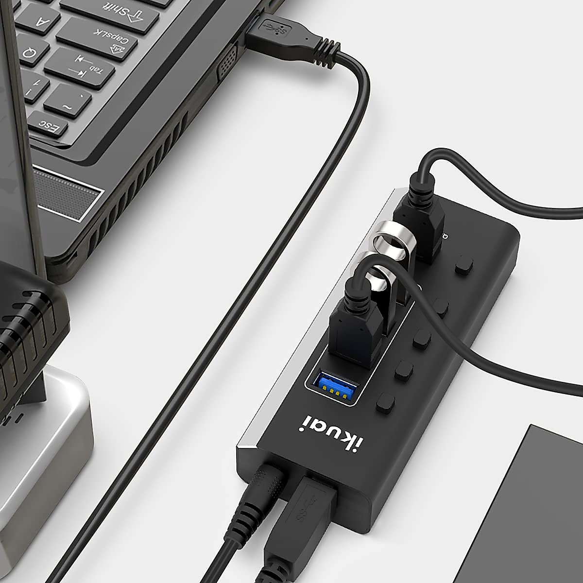 ikuai 5 Ports USB Hub with 4 USB Data Ports & 1 Fast Charging Port(12V/2A Power Adapter)+10 Ports USB 3.0 Hub with 12V 3A Power Adapter