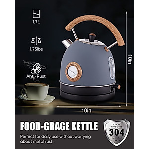 Retro Electric Kettle, 1.7L / 1500W Electric Tea Kettles for Boiling Water, Wood Pattern Handle Blue Stainless Steel Hot Water Boiler with Temperature Display, Auto Shut-off Boil-Dry Protection