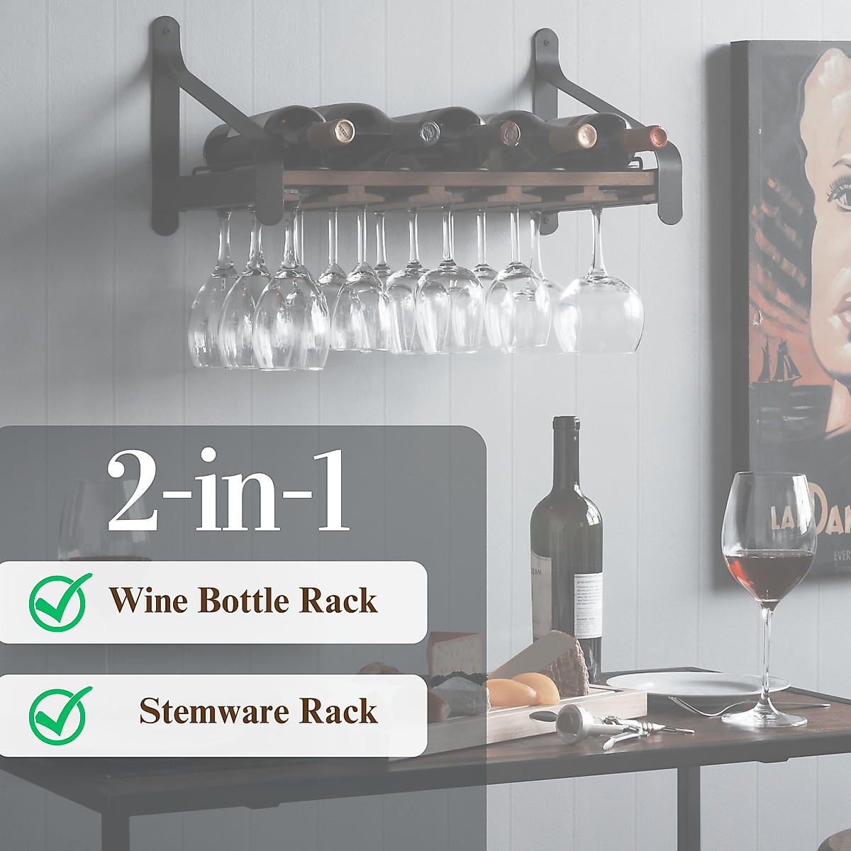 Rustic State Wall Mounted Wood Floating Wine Rack with Glassware Holder Stemware Shelf Storage Organizer for 5 Bottles and up to 15 Glasses - Home, Kitchen, Dining Room Bar Décor - Walnut