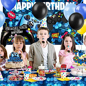 KimaruLZ Video Game Birthday Party Decorations - 109Pcs Gamer Gaming Party Supplies For Boys Birthday Party - Happy Birthday Backdrop, Table Cover, Hanging Swirls, Cupcake Cake Topper, Balloons