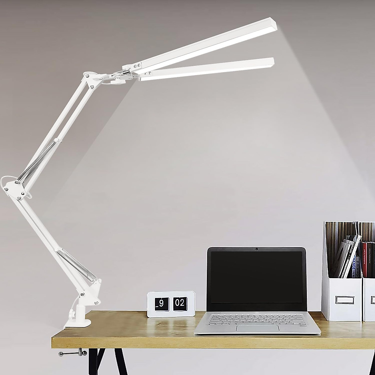 JOSTIC Double Head LED Desk Lamp with Clamp, Desk Lamps for Home Office, 5 Color Modes, 10 Brightness, Architect Task Lamp, Modern Swing Arm Workbench Office Lighting, Dimmable Brightest Light, White