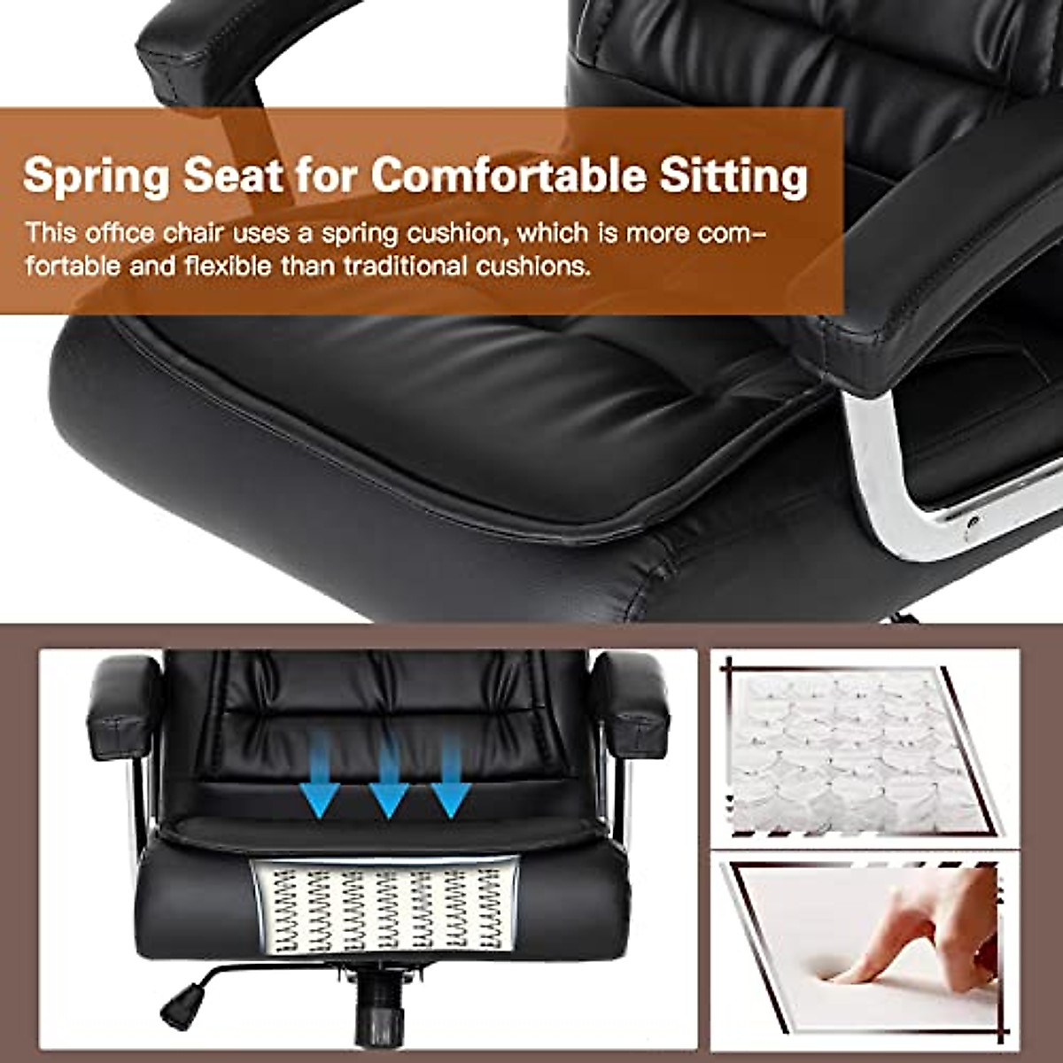 Hoxne Executive Office Chair Adjustable Leather Chair High Back Swivel Office Desk Chair with Padded Armrest 350lbs Load-Bearing Spring Seat Computer Desk Chair for Home Office (Black)