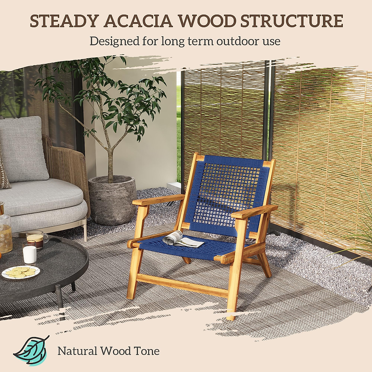 Outsunny Patio Acacia Wood Adirondack Chair, Modern Wood Fire Pit Chair with PP Rope Weave, Coconino Lounge Chair with High Backrest Support, Dark Blue