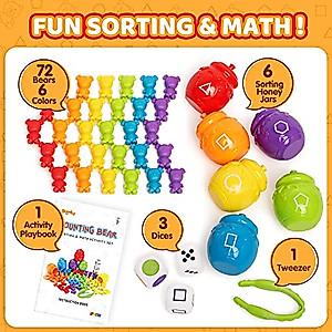 JOYIN Rainbow Counting Bears with Matching Sorting Cups - 83 Pcs Set Learning Toys for Kids Age 3+, Number Sorting, Color Recognition, Tweezers, Dice, Instruction Book, Educational Sensory Toy Gift