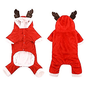 KOESON Christmas Reindeer Dog Costumes, Elk Pet Festival Cosplay Apparel, Puppy Cold Weather Warm Coat for Holidays, Winter Hooded Jumpsuit Outfit for Small Dogs/Cats Red Reindeer M