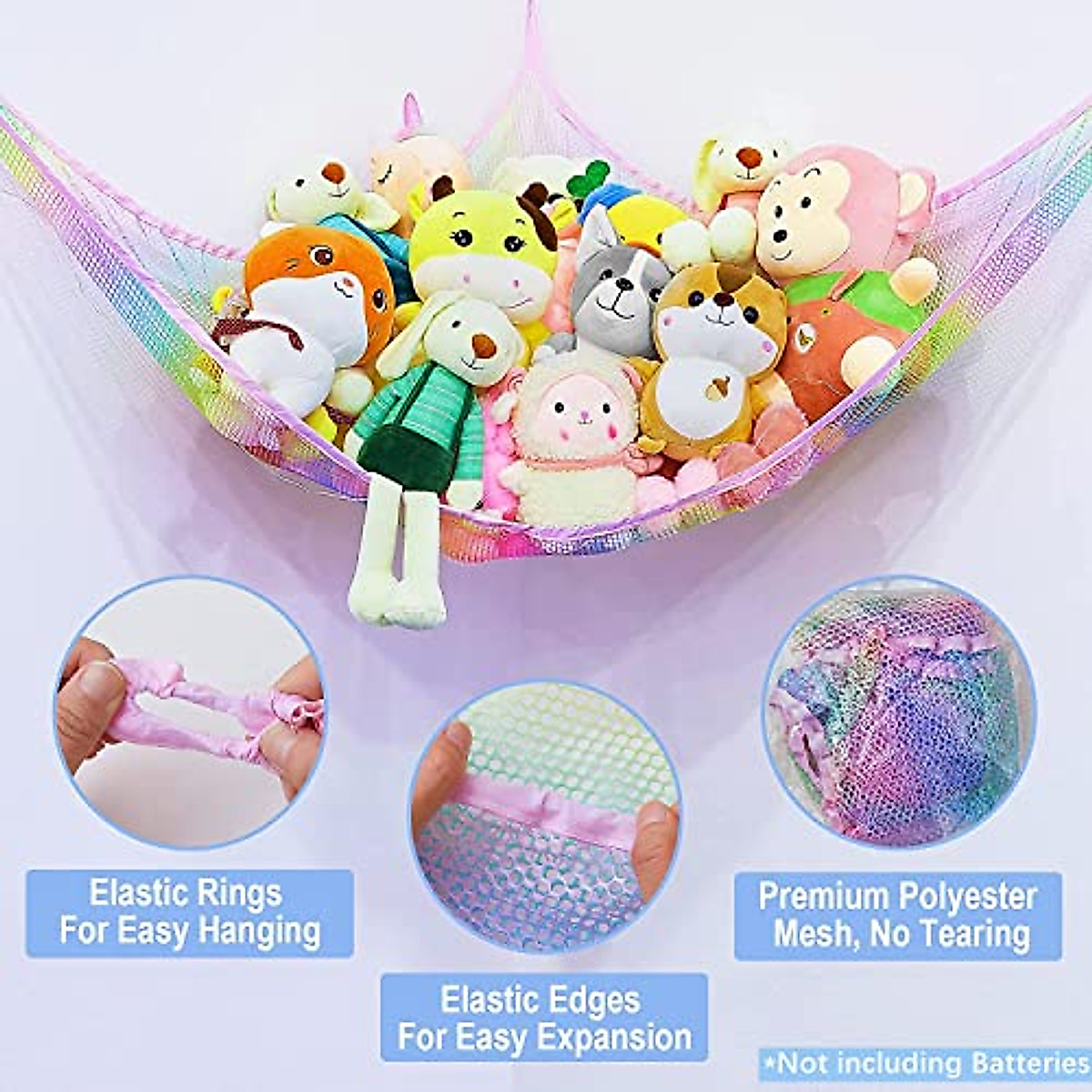 Basumee Stuffed Animals Net or Hammock with LED Light Hanging Toy Net Hammock for Stuffed Animals Storage Stuff Animals Hammocks for Nursery Kids Room with Remote Control, 8 Kinds of Lights, Rainbow