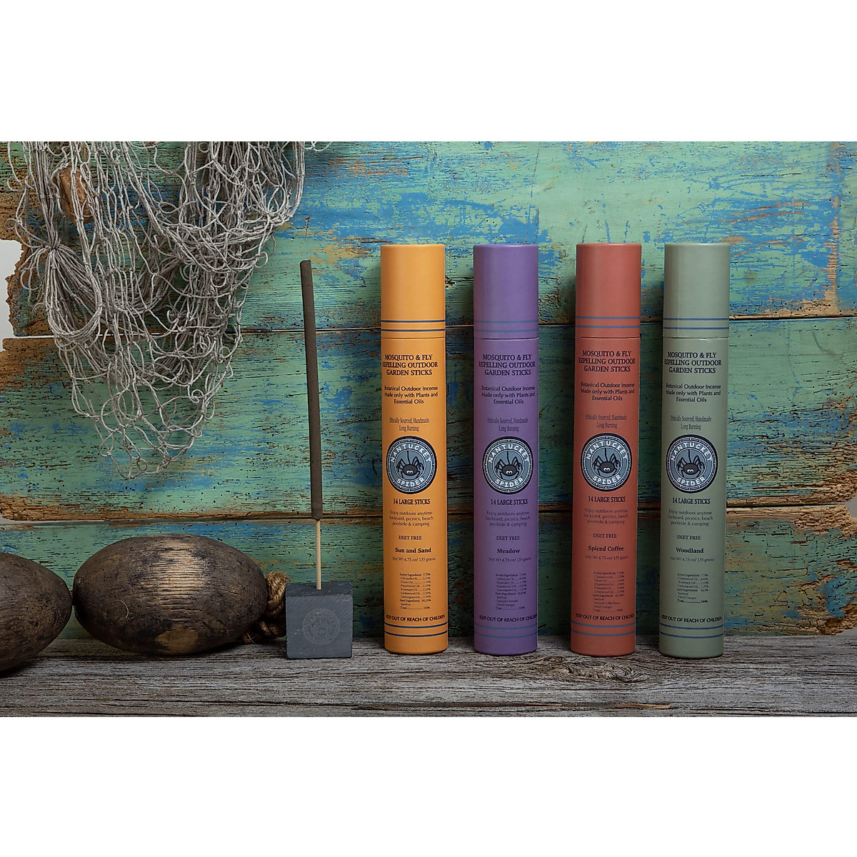 Nantucket Spider Mosquito & Fly Repelling Outdoor Garden Incense Sticks Bundle | 2 Pack (28 Sticks) & Artisanal Stone Block Incense Holder (1ct) | Woodland (14 Sticks) & Spiced Coffee (14 Sticks)