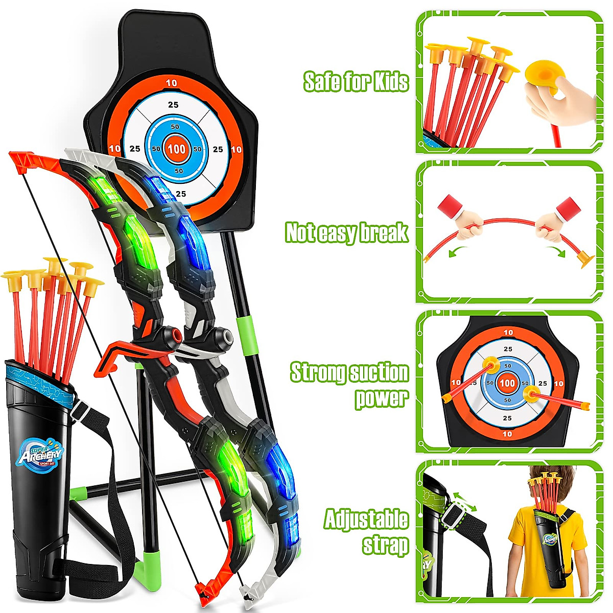 OWNONE 1 Bow and Arrow for Kids 4-6-8-12 Years Old, Archery Toy Set for Boys with LED Lights - Includes 2 Bows, 20 Suction Cup Arrows, 2 Quivers & Standing Target, Outdoor Toys for Kids Boys Girls