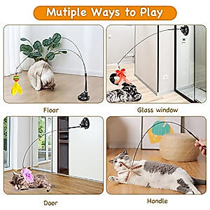 HOSFROLL Cat Toys Wand, Interactive Cat Toy with Super Suction Cup Sticky Detachable 12 PCS Feather Replacements 2 Wands Cat Spring Feather Toys for Indoor Cats Kitten Toys (8 Toys Double Headed)