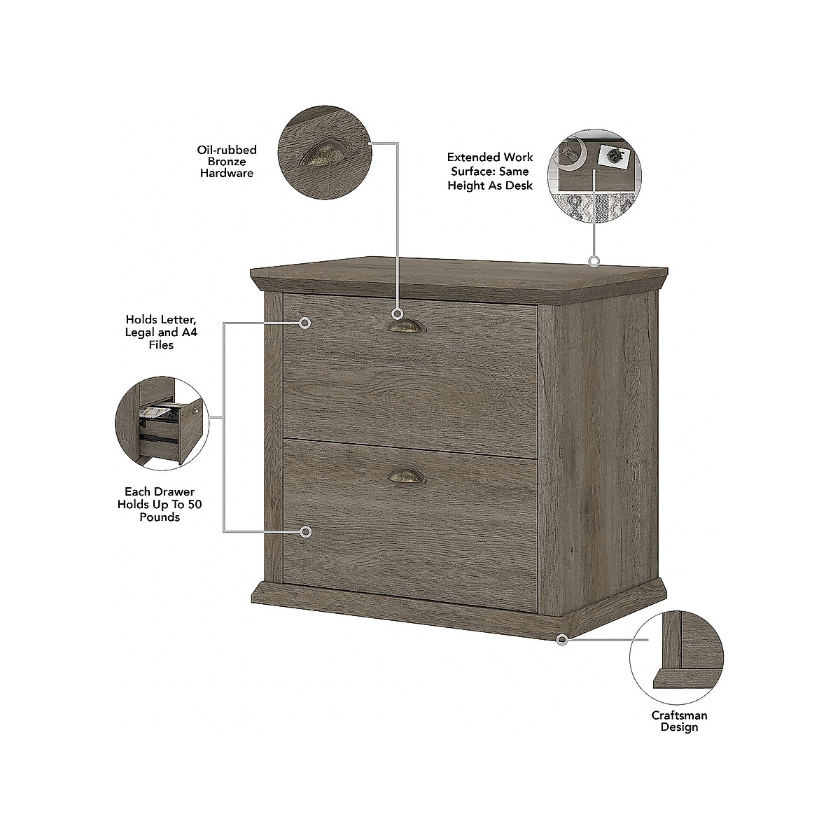 Bush Furniture Yorktown L Shaped Desk with Hutch, Lateral File Cabinet and 5 Shelf Bookcase, 60W, Restored Gray