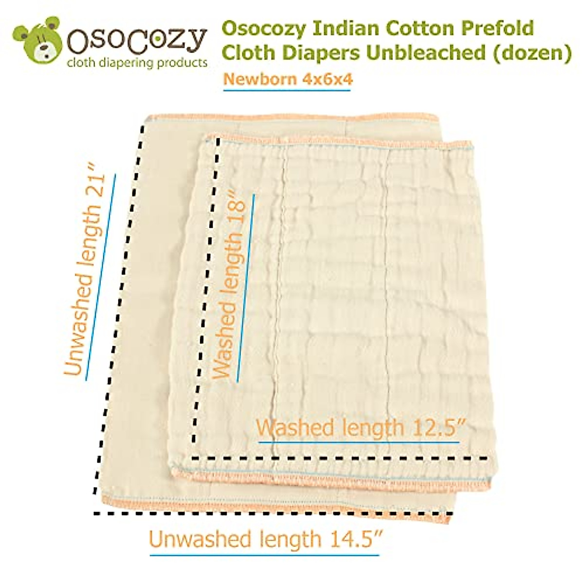 OsoCozy Unbleached Prefold Cloth Diapers – Soft and Absorbent Baby Diapers Made of 100% Unbleached Cotton - 10"x14", Fits 6-10 Lbs. - Diaper Service Quality (DSQ), (Newborn, 4x6x4 Layering)