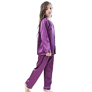 Pajamas Kid Unisex Pjs Set Girls Boys Silk Pajamas Set Satin Long Sleeve 2 Piece Clasic Sleepwear for 2-12 Years Todder Purple