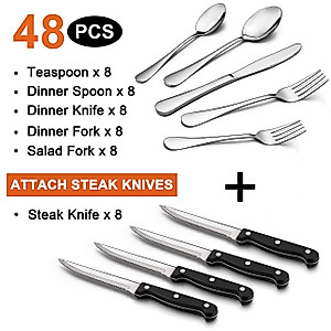 LIANYU 48-Piece Silverware Set with Steak Knives, Stainless Steel Flatware Cutlery Set for 8, Fancy Eating Utensils Tableware, Dishwasher Safe, Mirror Finish
