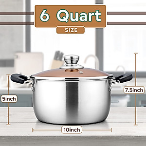 LIANYU 6QT Stock Pot with Lid, Stainless Steel Soup Pasta Pot for Home Kitchen Restaurant, Stockpot for Strew Simmer Boiling, Heat-proof Handle, Dishwasher Safe