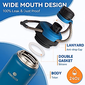 Insulated Water Bottles 24 oz, Santeco Stainless Steel Bottles with Lanyard & Wide Mouth Spout Lid, Leak Proof, Double Wall Vacuum Water Bottle, Keep Drinks Hot & Cold for Hiking Camping - Blue