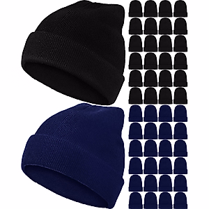 Jecery 80 Winter Beanies Hats Bulk for Homeless Cold Weather Thermal Stretch Caps Warm Knitted Cuffed Hats (Black,Dark Blue)