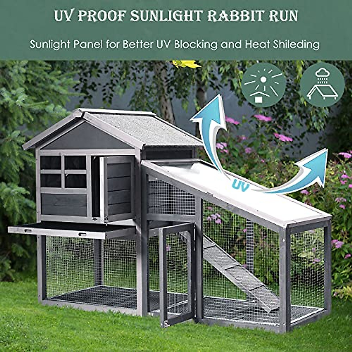 HAPPAWS Rabbit Hutch Cage w/Hay Feeder, 58 Inch Bunny Cage Condo Wooden Quail Chicken Coop, Indoor Outdoor Hen Pet House w/Removable Tray, Ramp, Waterproof Roof, Lockable Doors for Small Animals