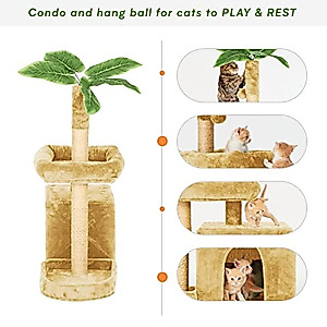 TSCOMON 31.5" Cat Tree Cat Tower for Indoor Cats with Green Leaves, Cat Condo Cozy Plush Cat House with Hang Ball and Leaf Shape Design, Cat Furniture Pet House with Cat Scratching Posts, Beige