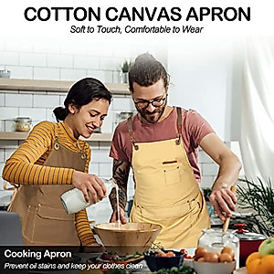 Chef Apron for Men Women with Pockets, Cross Back Apron for Kitchen Cooking Baking Artist Painting, Cotton Canvas Work Aprons for Shop, Garden, Restaurant, Cafe, M to XXL (Brown, 1pc Gift Box Pack)