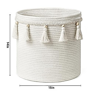 UBBCARE Decorative Cotton Rope Basket-14 x 15 in, Boho Woven Storage Basket with Tassel, Macrame Basket for Organizing Towels, Baby Toys, Cute Storage basket for Nursery