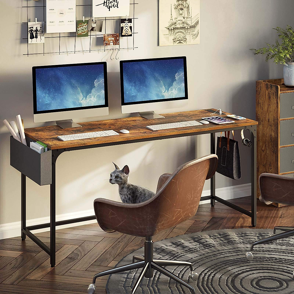 Rolanstar Computer Desk with Power Outlet, 63” Home Office PC Desk with USB Ports Charging Station, Desktop Table with Side Storage Bag and Iron Hooks, Stable Metal Frame Workstation, Rustic Brown