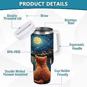 RPLIFE Cute Orange Cat Starry Night 40 Oz Tumbler with Handle, 30 Oz Tumbler, Coffee Tumbler for Women