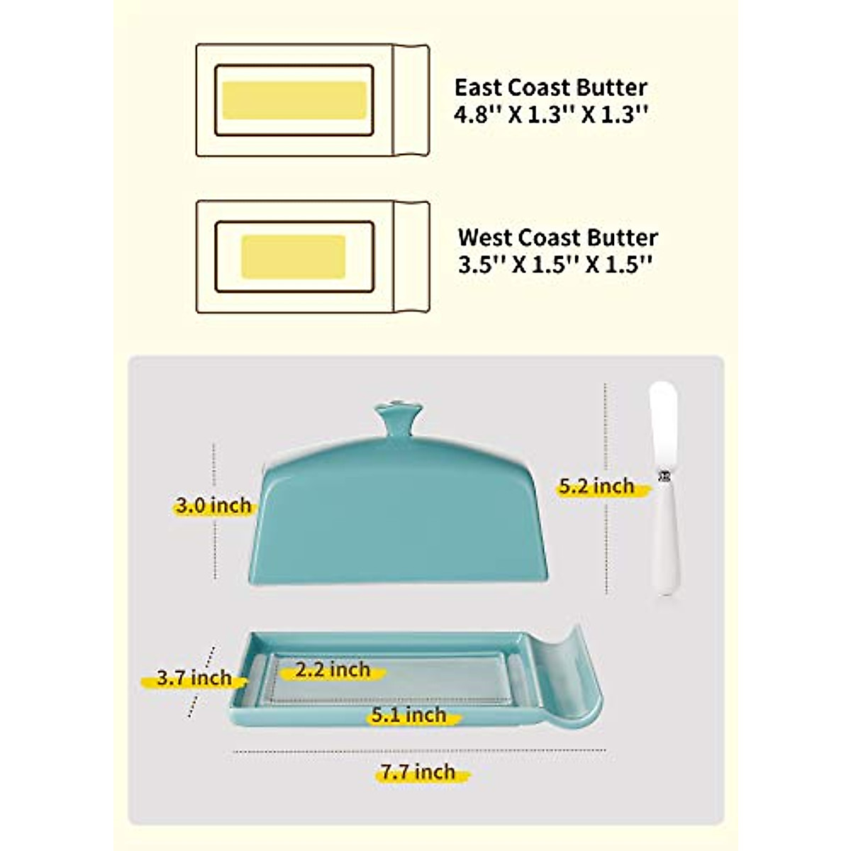 Butter Dish with Lid and Knife Spreader Set - Perfect for East and West Coast Butter, Turquoise - Better Butter & Beyond