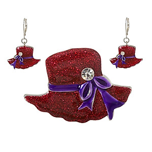 Artisan Owl - Glittering Red Hat Society Dangling Earrings and Brooch Pendant Pin Set