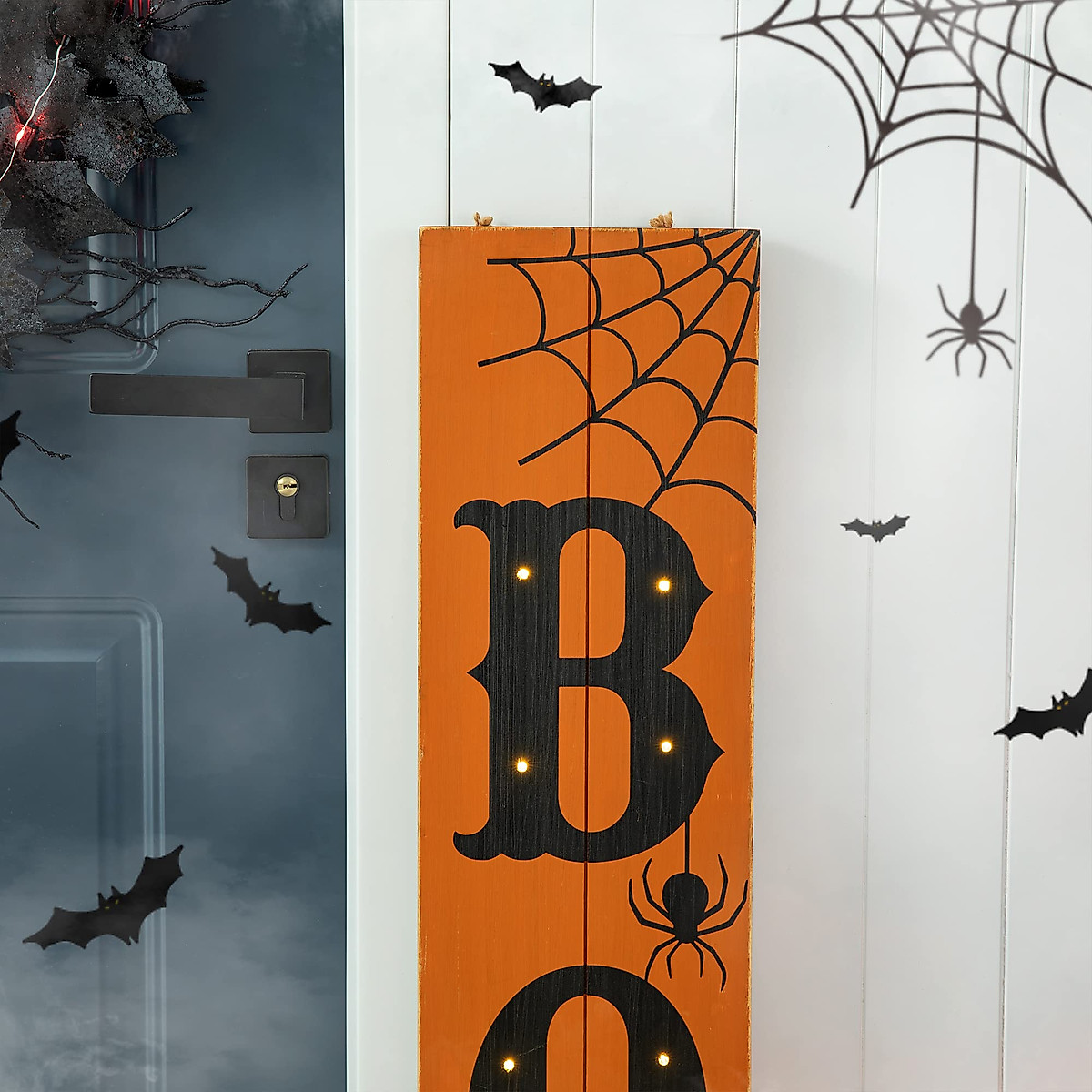 Glitzhome 42" H Halloween Porch Board Sign with Timer 6 Hours On /18 Hours Off, Lighted Halloween "BOO" Hang Sign or Lean Against Wall Standing Sign, 12 LED Lights Wood Plaques for Outdoor Decor