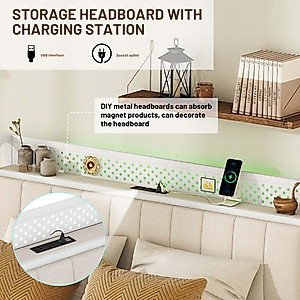 SAMTRA Queen Size Bed Frame with Storage Headboard & 4 Drawers, Upholstered Boho Metal Platform Bedframe with LED Lights & Charging Station, Easy Assembly, Beige White