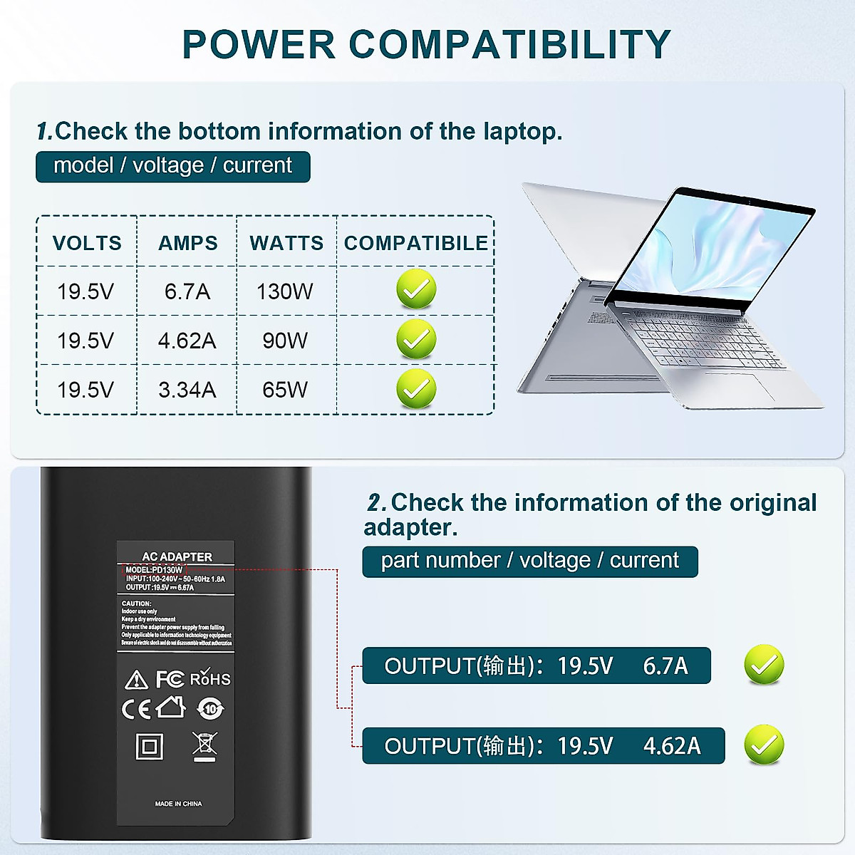 New Dell 130W AC Adapter Laptop Charger for Dell XPS 15 7590 9570 9560 9550 9530 Precision 5510 5520 5530 5540 M3800 Vostro 7500 7510 Inspiron 7459 HA130PM130 0V363H DA130PM130 09TXK7 P56F 4.5mm