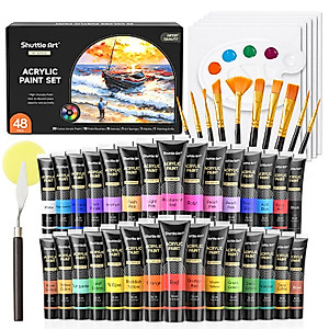 48 Pack Acrylic Paint Set, Shuttle Art 30 Colors Acrylic Paint (36ml) with 10 Brushes 5 Canvas 1 Paint Knife 1 Palette 1 Sponge, Complete Set for Kids, Adults Painting on Canvas Rocks Wood Ceramic