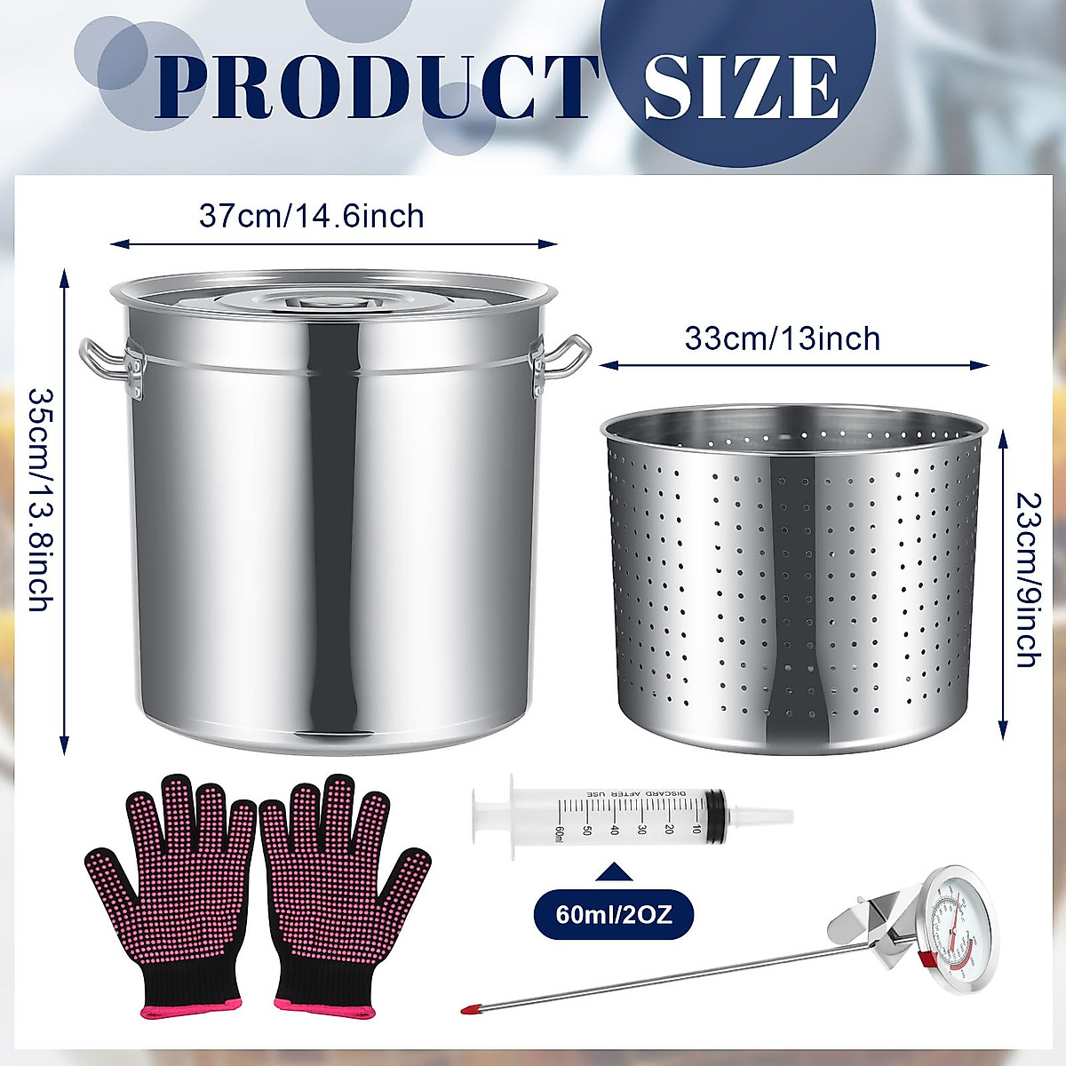 Geetery Stainless Steel Seafood Boil Pot with Basket, Stock Pot with Strainer Turkey Fryer Crab Crawfish Lobster Boil Pot with Injector Thermometer and High Temperature Resistant Gloves Kit (36.9 Qt)