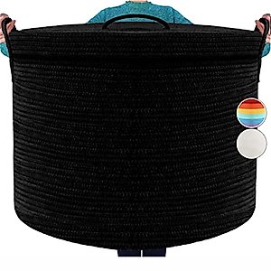 Extra Large Storage Laundry Basket 22" X 16" Cotton Rope Woven Basket for Blanket Basket with Handles for Living Room Toys Storage XXXL (Black)