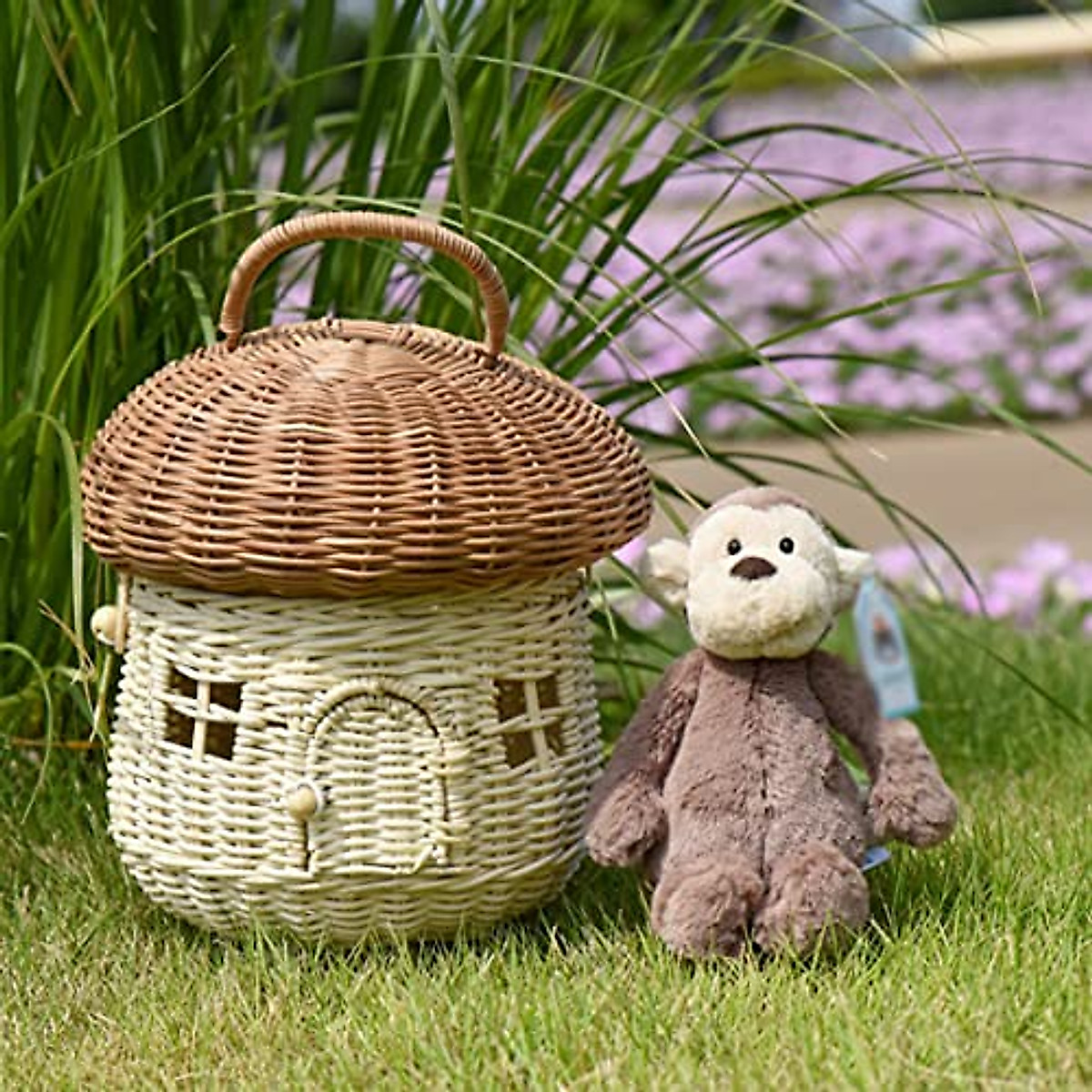 Storage Baskets, 25x25cm Rattan Woven Storage Basket with Lid, Mushroom Shaped Handmade Shelf Organizer, Home Storage Box for Kids Room Decoration