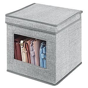 mDesign Fabric Stackable Square Cube Storage Organizer Box with Window/Attached Lid for Organizing Bedroom Closet - Holds Purses, Linens, Accessories - Lido Collection - 6 Pack - Gray