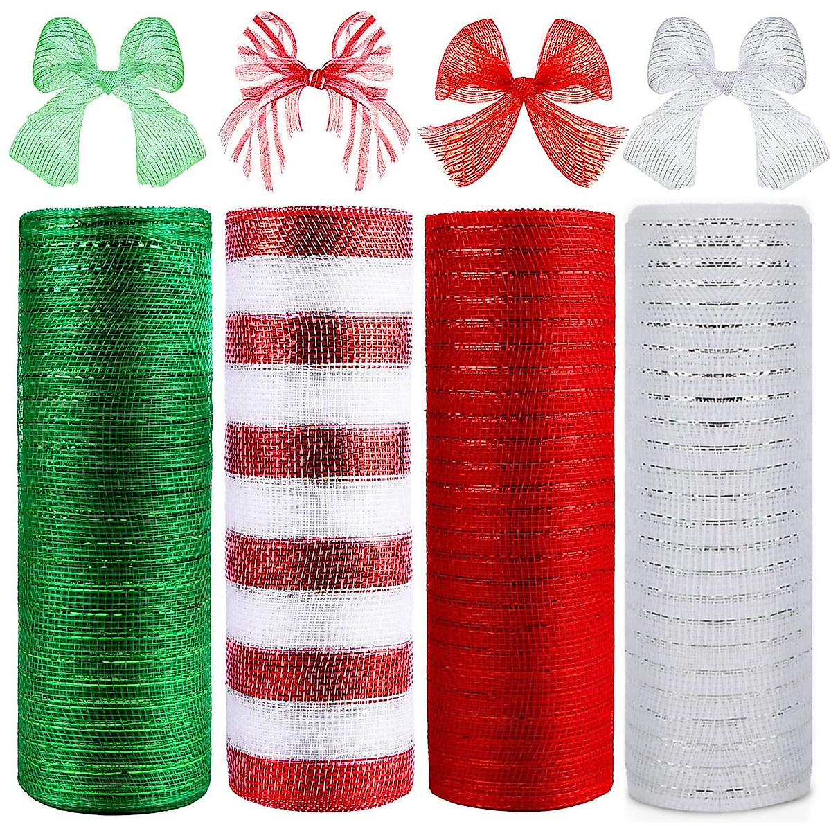 4 Roll Christmas Poly Mesh Ribbon, 10 Inch x 30 Feet Metallic Poly Mesh Ribbon Red Green and White Glitter Foil Mesh Ribbon Decorative Mesh Rolls for DIY Wreath Crafts Christmas Party Decoration