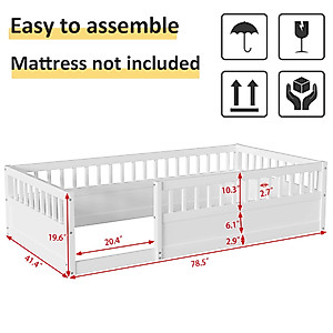 Twin Size Floor Bed with High Fence Rails, Solid Wood Montessori Floor Bed for Baby,Kids Twin Bed Frame for Girls, Boys, Floor Bed Without Slats as Kids Playground,White