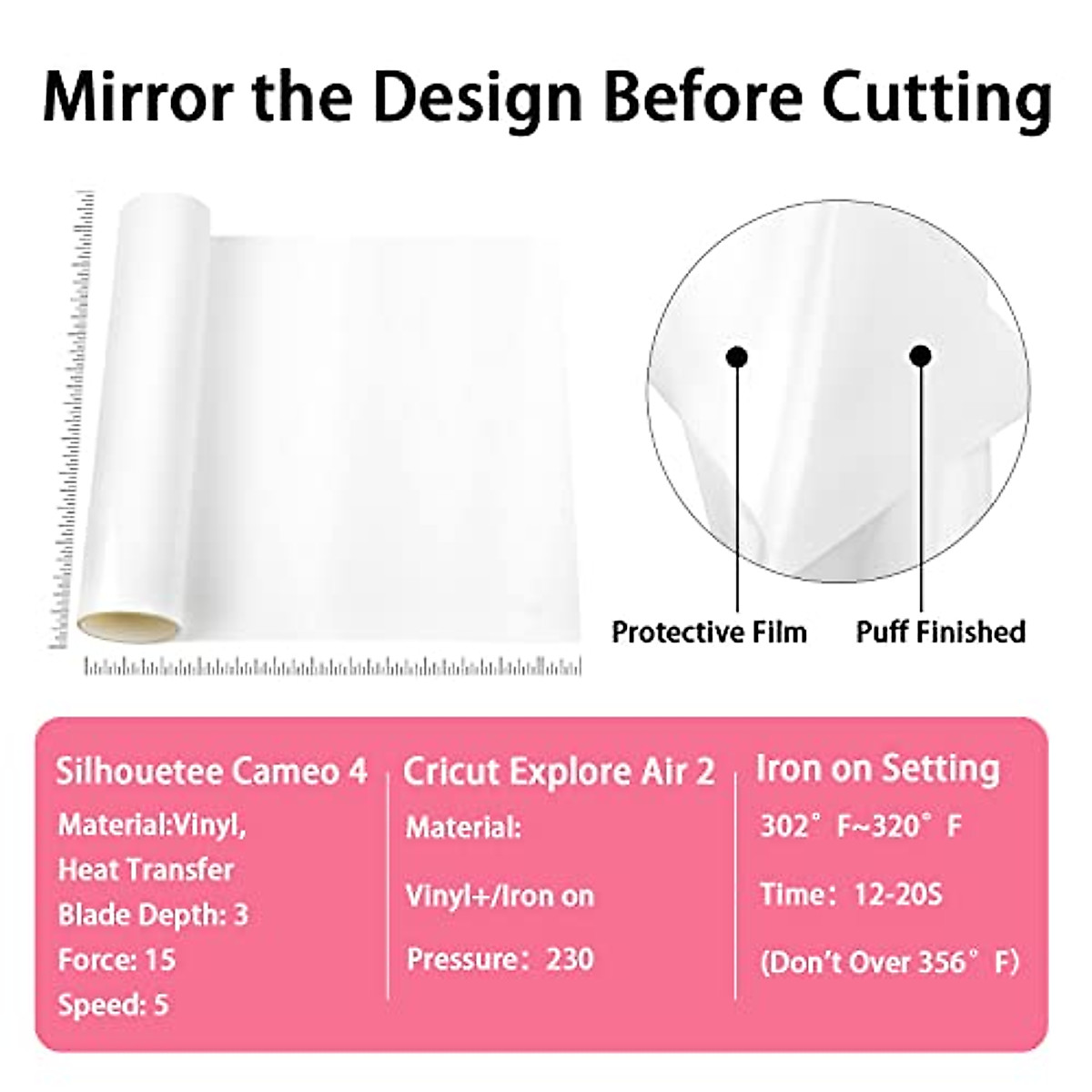 AHIJOY Puff Vinyl Heat Transfer White 10" x 6FT 3D Foaming Heat Press Iron on Vinyl for T Shirt Garment Fabric Clothing